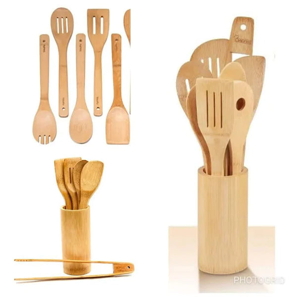 Bamboo Wooden Spoon Set & Utensil Holder 5pc | Homelux Kenya