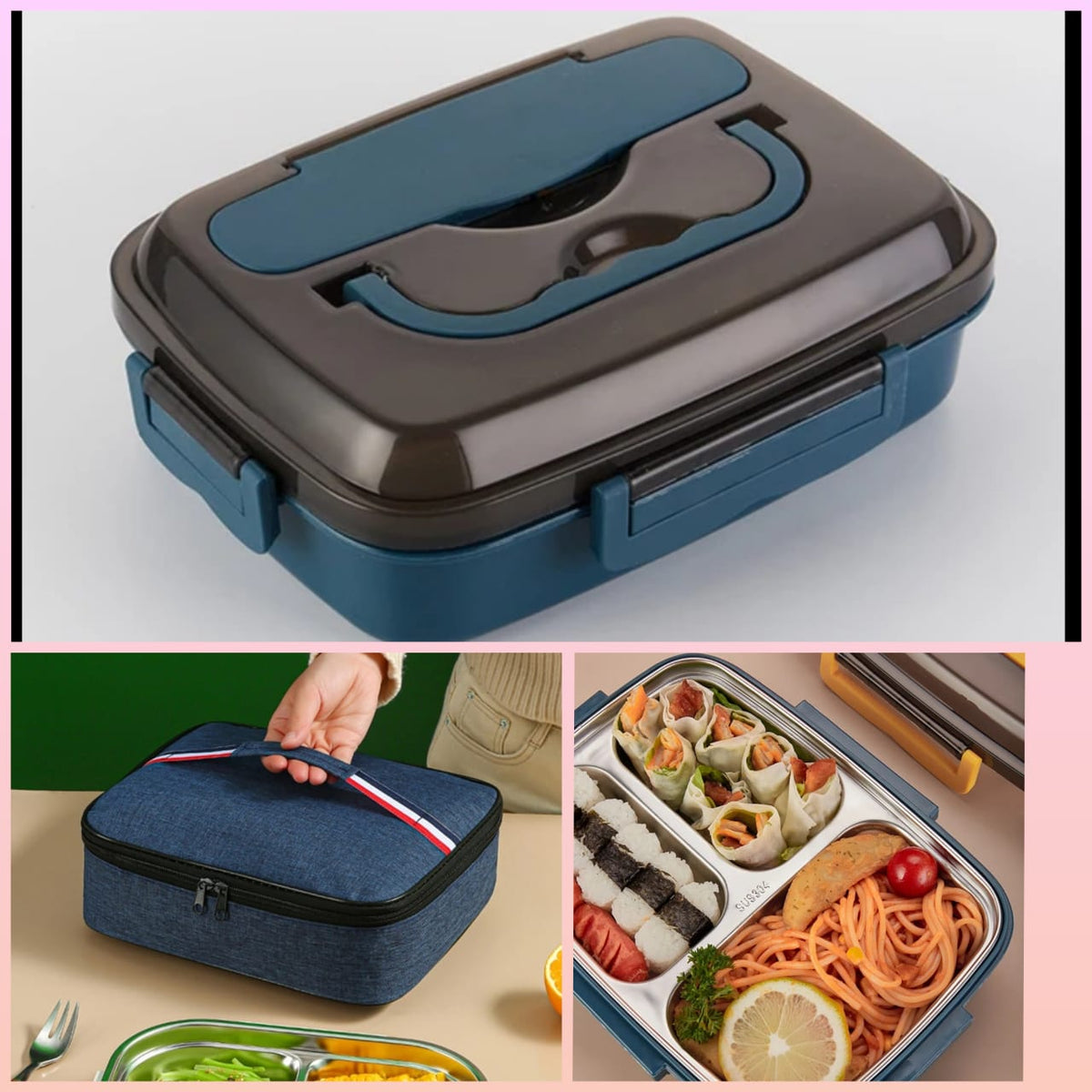 Dish Combo set with 3 Grid Stainless Steel Lunch Box With Spoon and Ch ...
