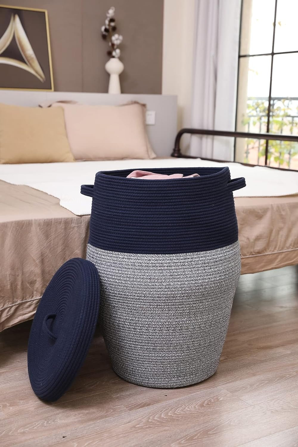 Tall Extra Large Storage Basket with Lid, Cotton Rope Storage Baskets ...